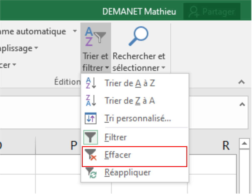 Effacer les filtres - Excel — Rennes Metropole